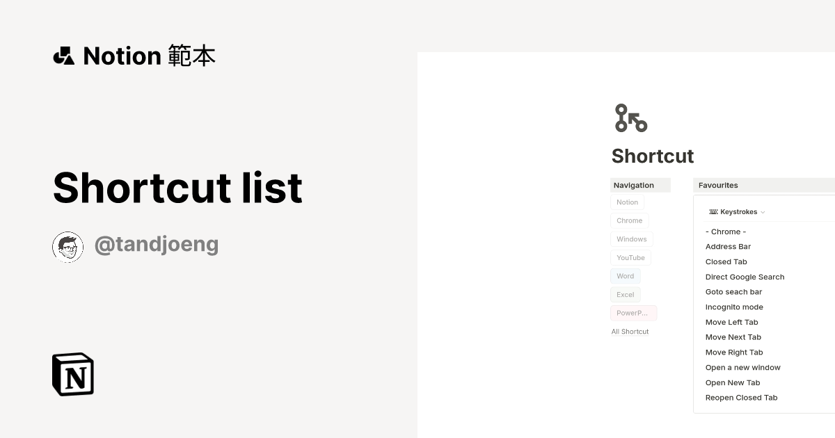 Shortcut list 範本 | Notion Marketplace