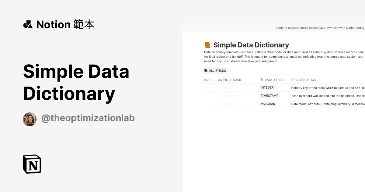 由 Tera Earlywine 建立的 Simple Data Dictionary 範本 | Notion Marketplace