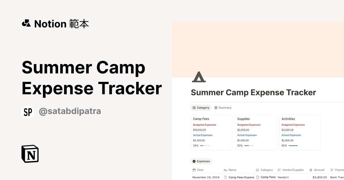 由 Satabdi Patra 建立的 Summer Camp Expense Tracker 範本 | Notion Marketplace
