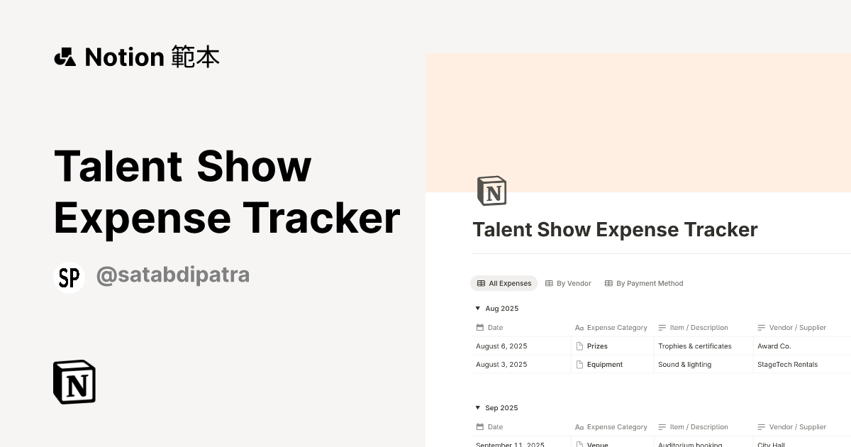 由 Satabdi Patra 建立的 Talent Show Expense Tracker 範本 | Notion Marketplace