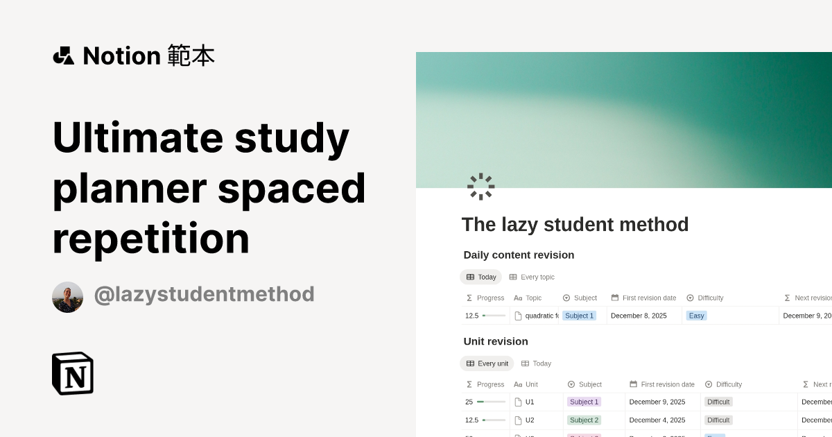 由 The lazy student method 建立的 Ultimate study planner spaced repetition ...