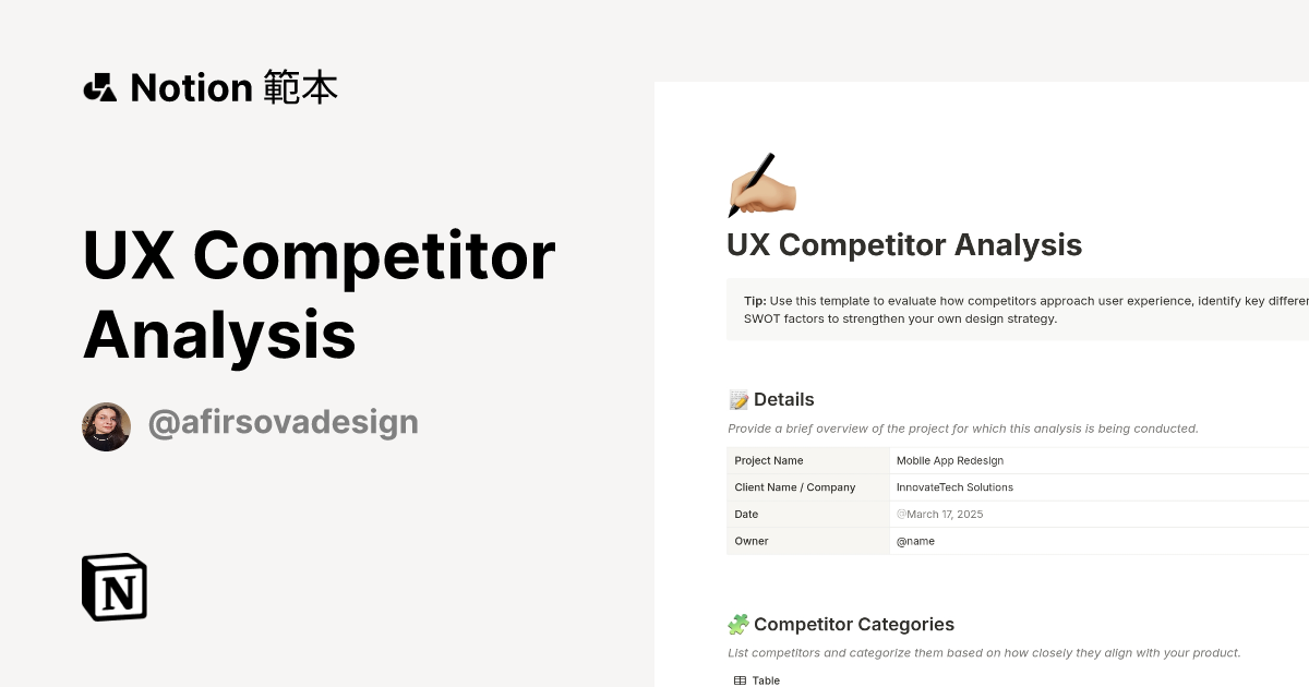 由 Anastasiia Firsova 建立的 UX Competitor Analysis 範本 | Notion Marketplace