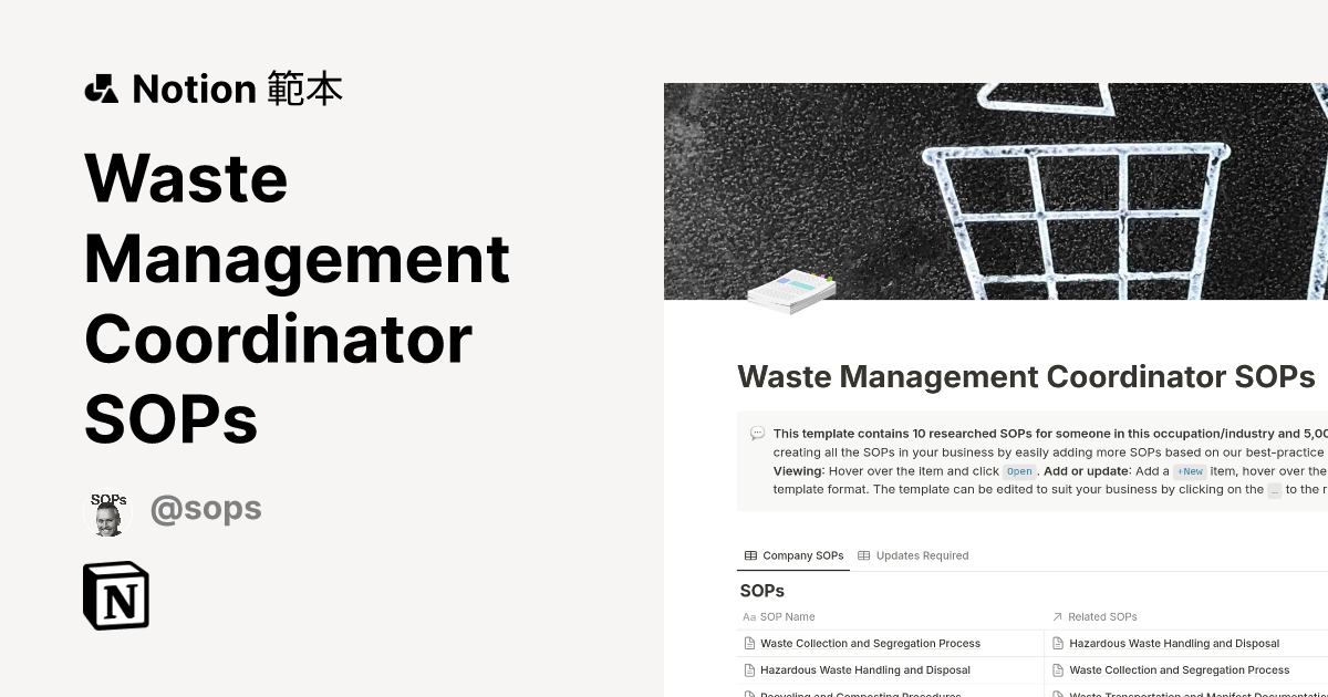 由 SOPs 建立的 Waste Management Coordinator SOPs 範本 | Notion Marketplace